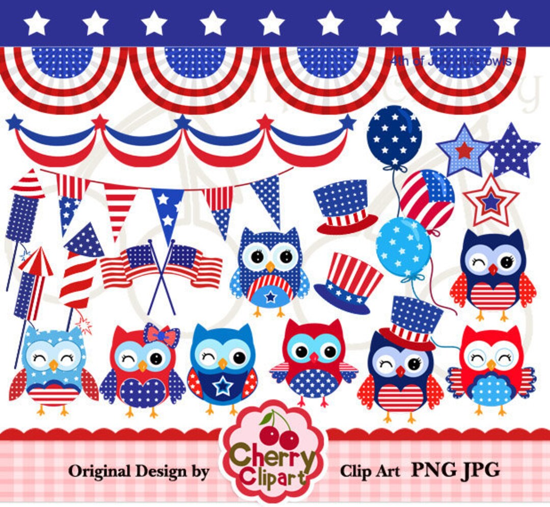 4th of July Cute Owls Digital Clipart Set For-personal and Commercial ...