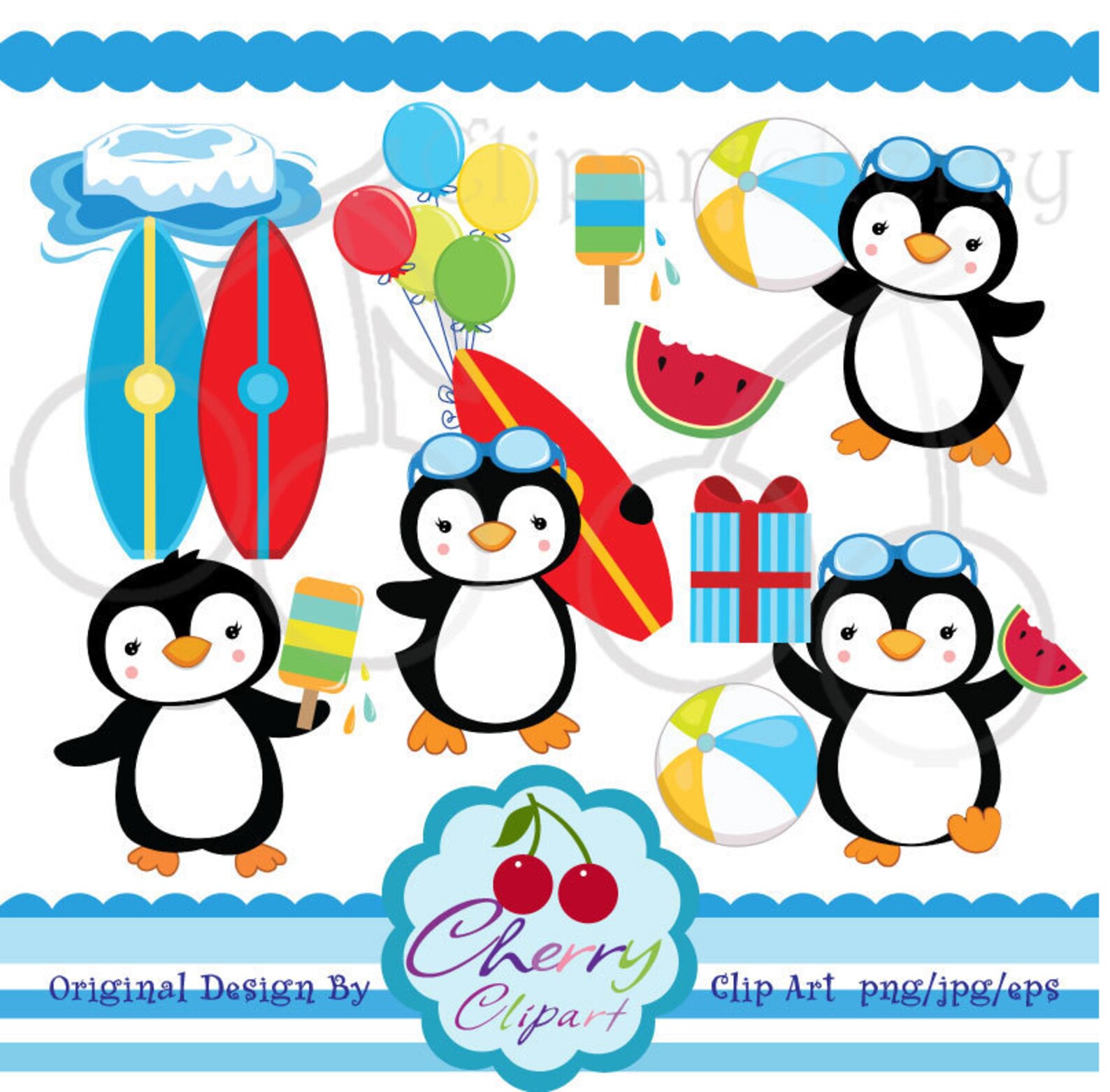 Summer Party Boy Penguin Digital Clipart Set for personal and - Etsy