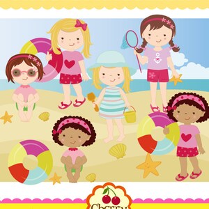 Summer Time Beach Kids for Girls Clip Art Set-personal and Commercial ...