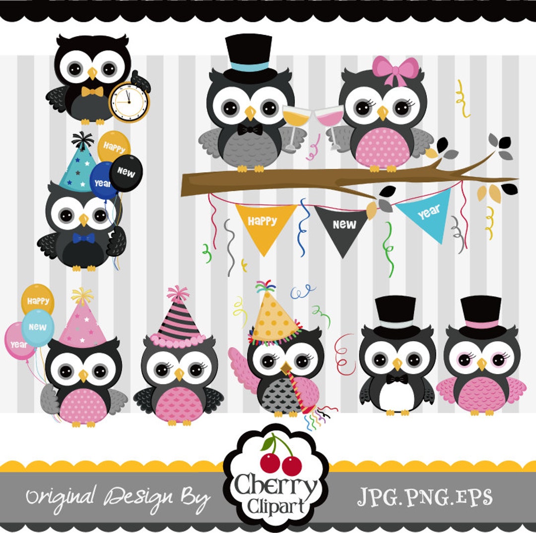 New Year Owls Clip Art Set: Party Design Elements (PNG, Digital ...
