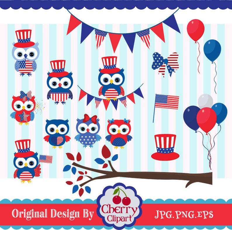 4th of July Cute Owls Digital Clip Art Set 02 Patriotic Owls | Etsy
