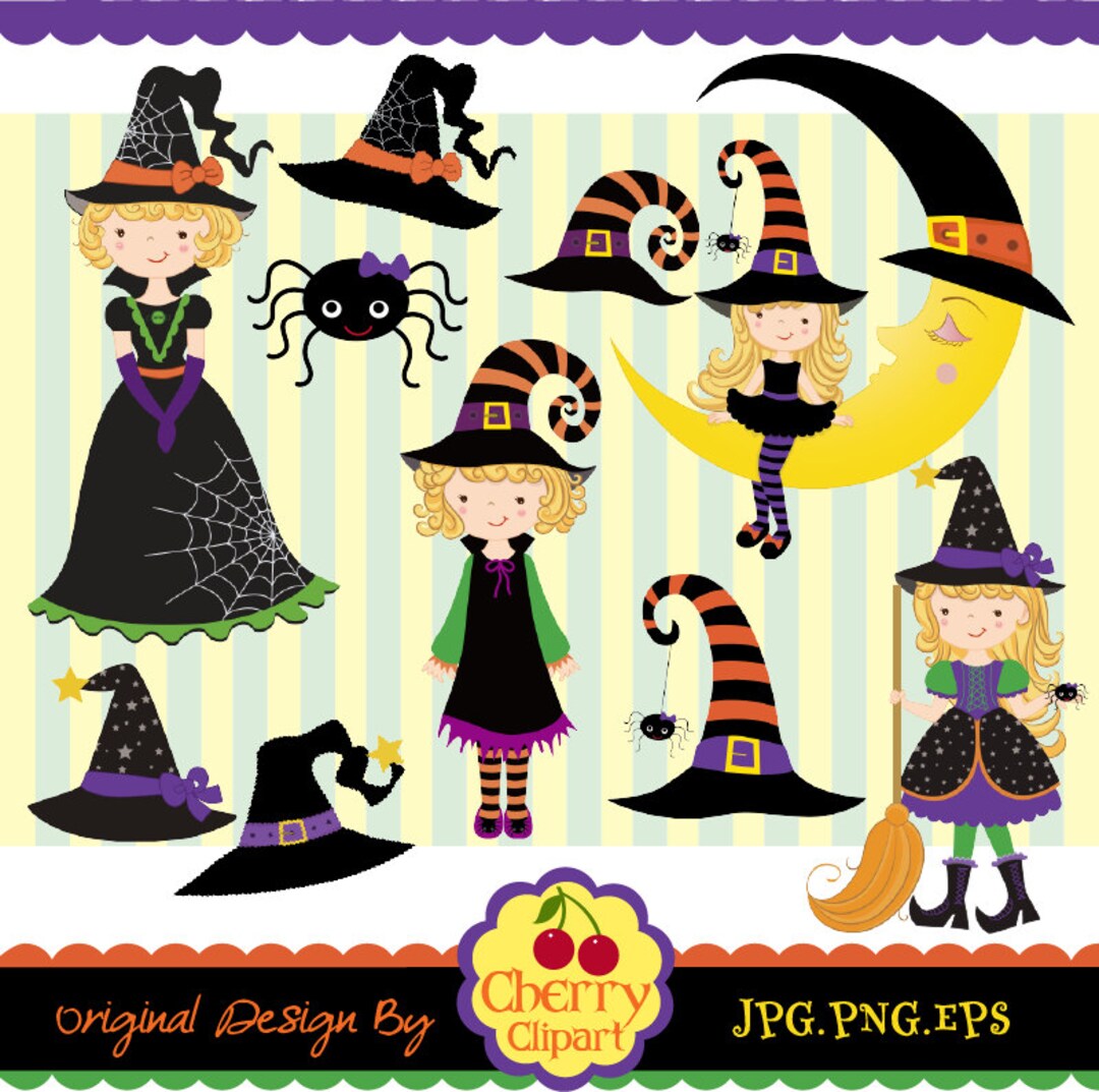 Halloween Cute Witches Digital Clipart Set - Blond and Brown Hair Girls ...