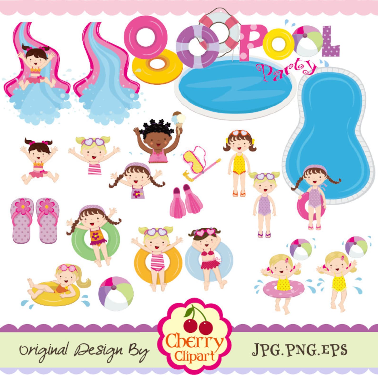 Pool Party Swim Girls Digital Clipart Set personal and Commercial Use ...