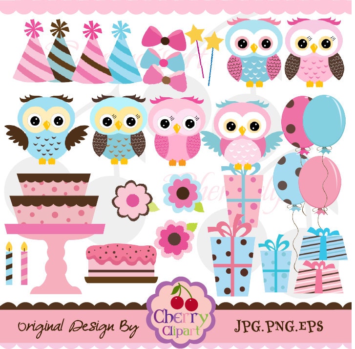 Pink Brown and Blue Cute Owls Birthday Digital Clipart Set for | Etsy