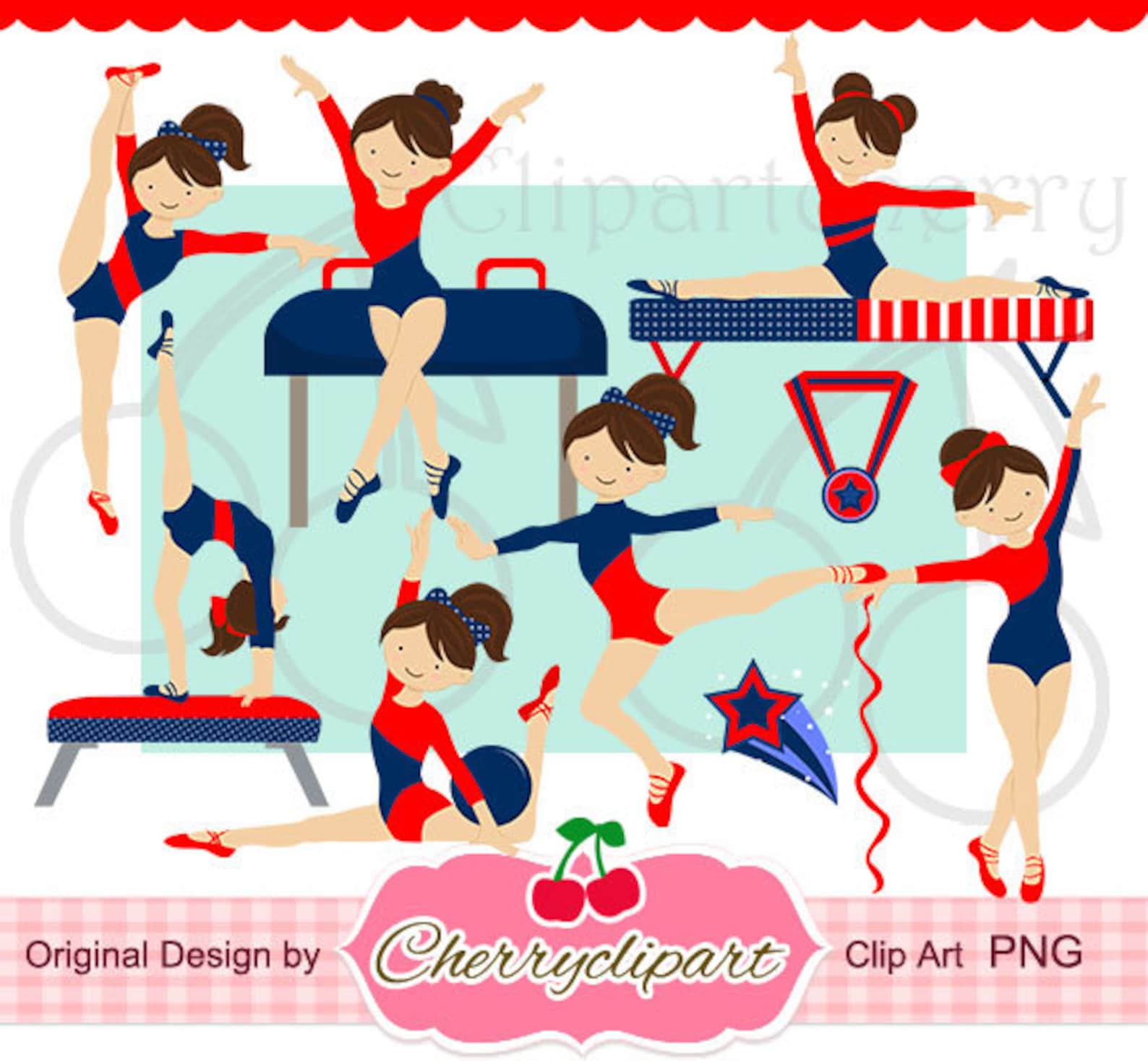 Gymnastics Girls Digital Clip Art Red and Navy personal and - Etsy