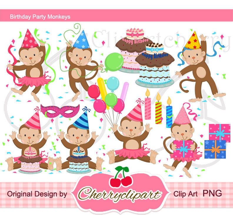Birthday Party Monkeys Digital Clipart Set for-Personal and | Etsy