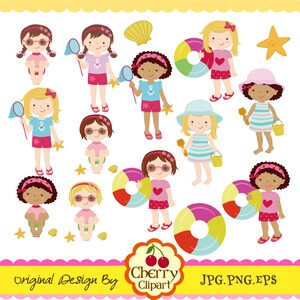 Summer Time Beach Kids for Girls Clip Art Set-personal and Commercial ...
