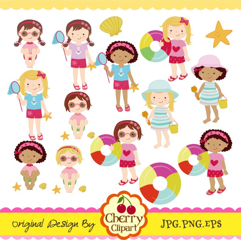 Summer Time Beach Kids for Girls Clip Art Set-personal and - Etsy