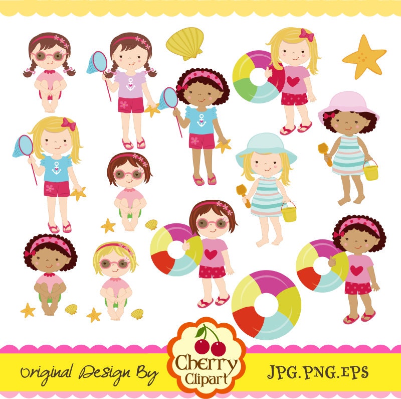 Summer Time Beach Kids for Girls Clip Art Set-personal and - Etsy