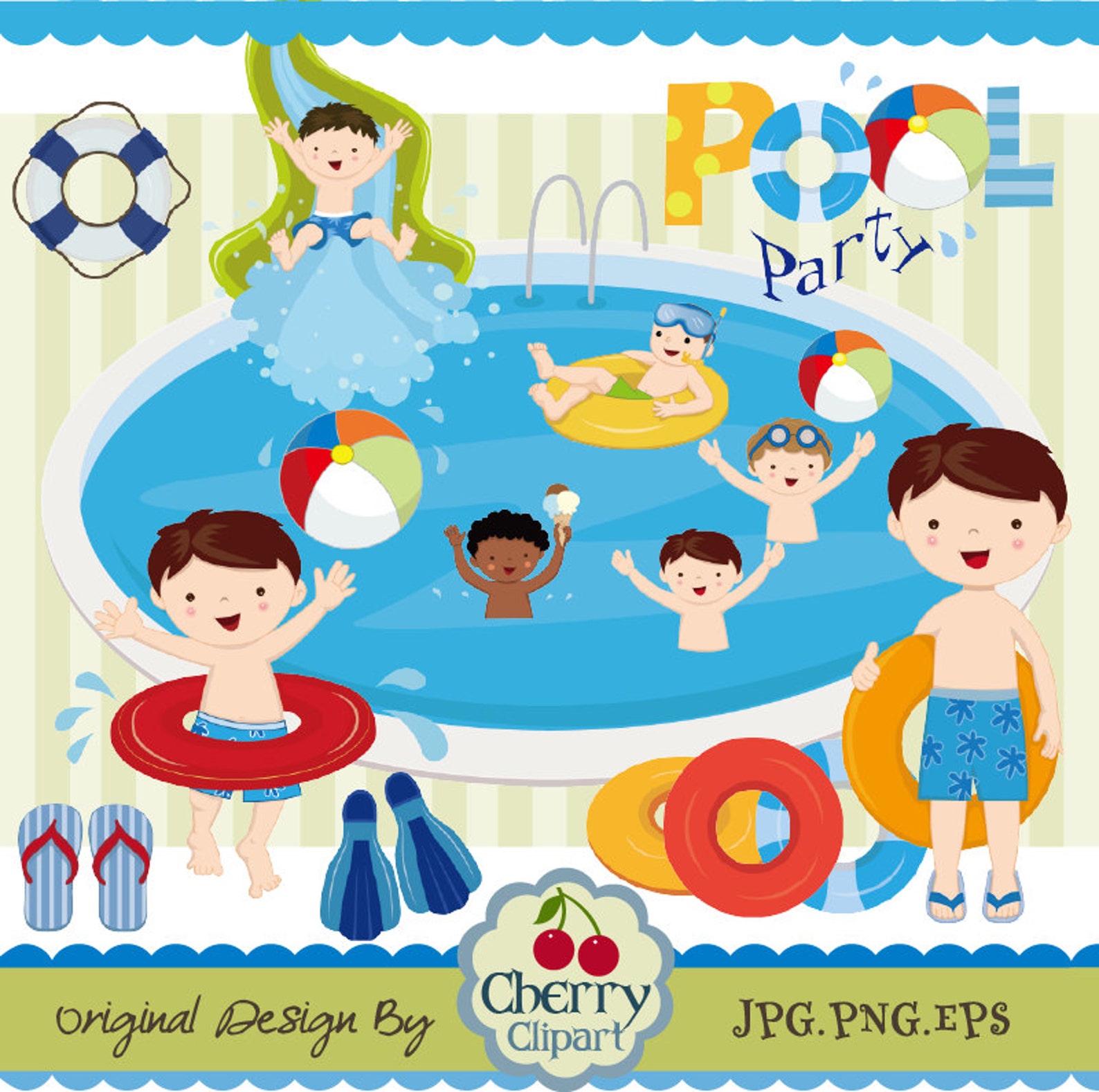 Pool Party Swim Boys Digital Clipart Set personal and - Etsy