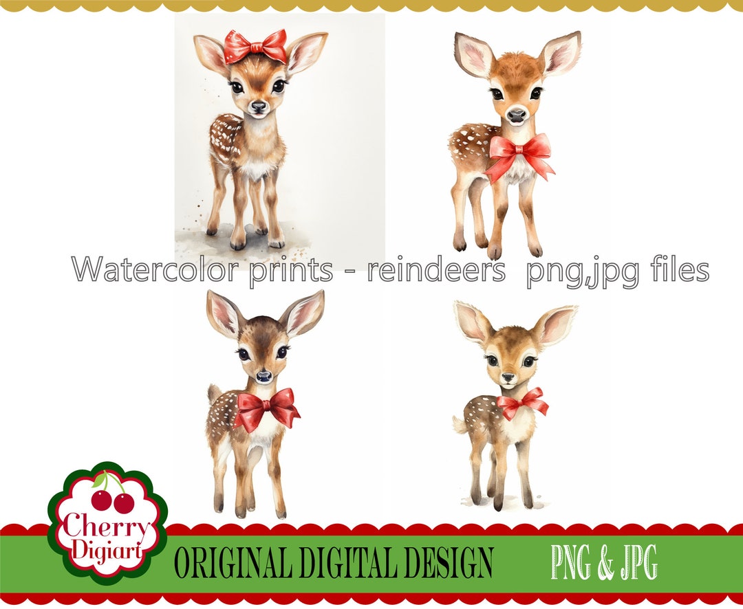 Watercolor Prints Reindeers Bundle, Cute Reindeer, Baby Reindeer Png ...