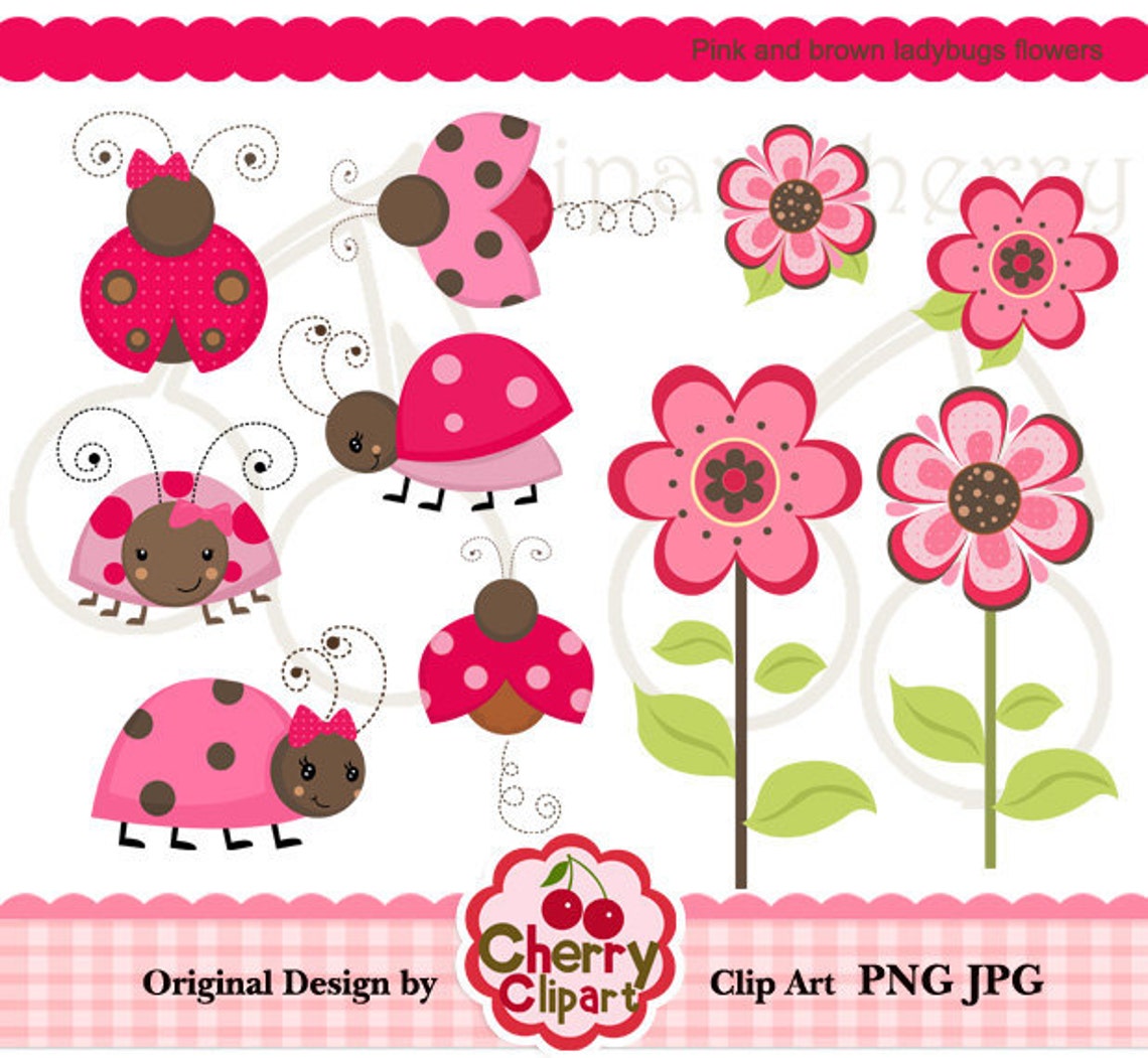 Pink and Brown Ladybugs Flowers Digital Clipart Set - Etsy