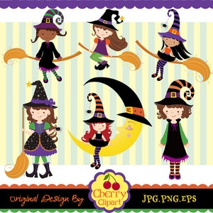Halloween Cute Witches Digital Clipart Set - Blond and Brown Hair Girls ...