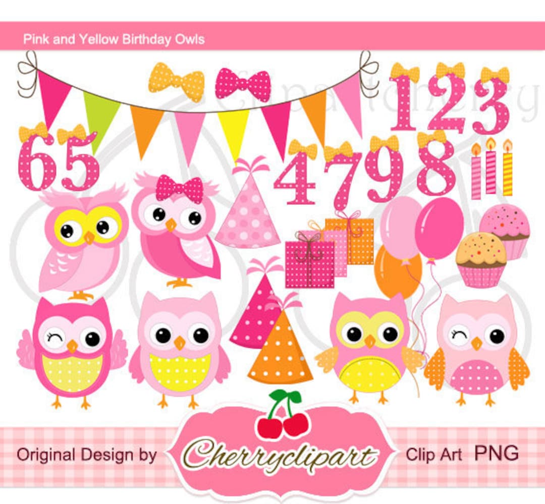 Birthday Owls Clipart Set: Pink & Yellow Graphics (digital Download) - Etsy