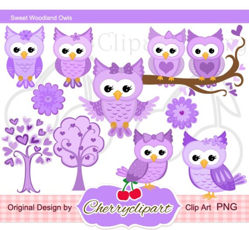 Purple Sweet Owls Digital Clipart Set For-personal and - Etsy