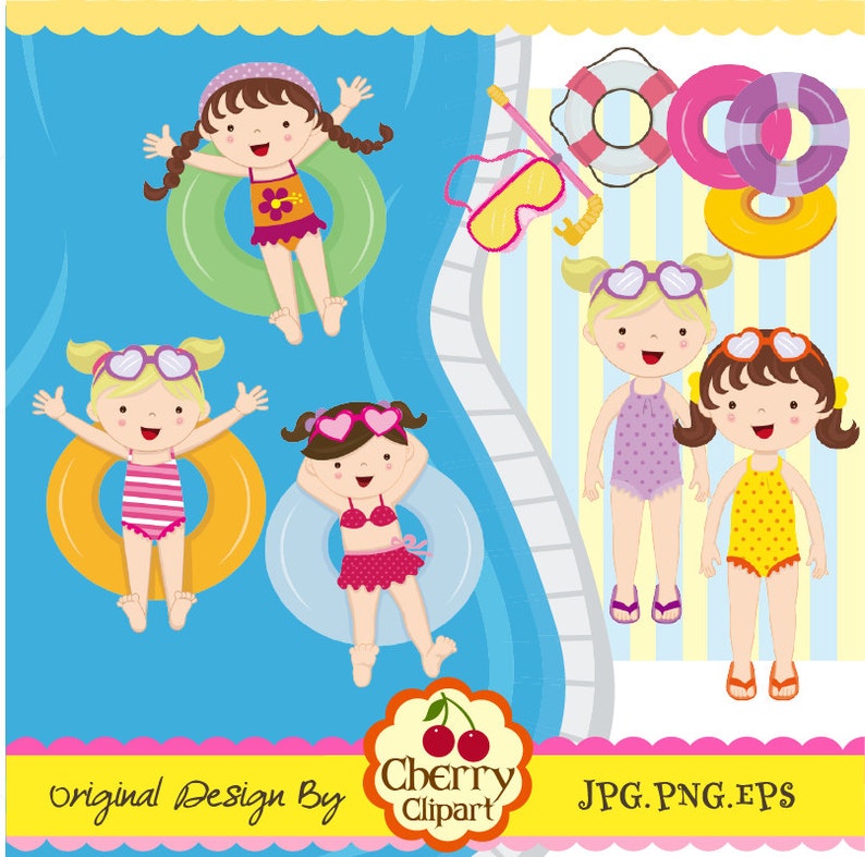 Pool Party Swim Girls Digital Clipart Set personal and | Etsy