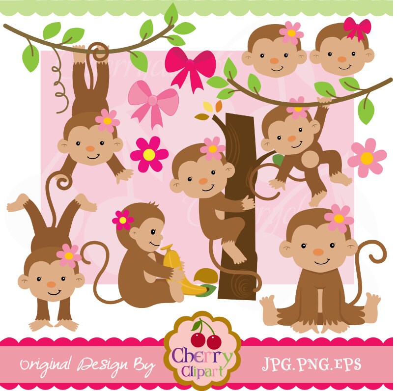 Cute Girl Monkeys Digital Clipart Set For-personal and Commercial Use ...
