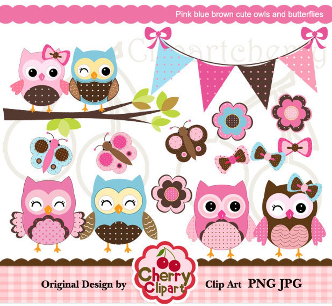 Pink Blue Brown Cute Owls and Butterflies Digital Clipart Set For ...