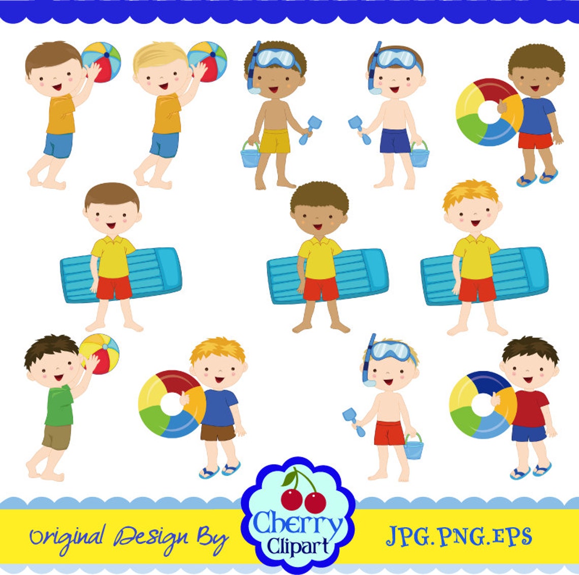 Summer time beach kids for boys clip art set-Personal and | Etsy