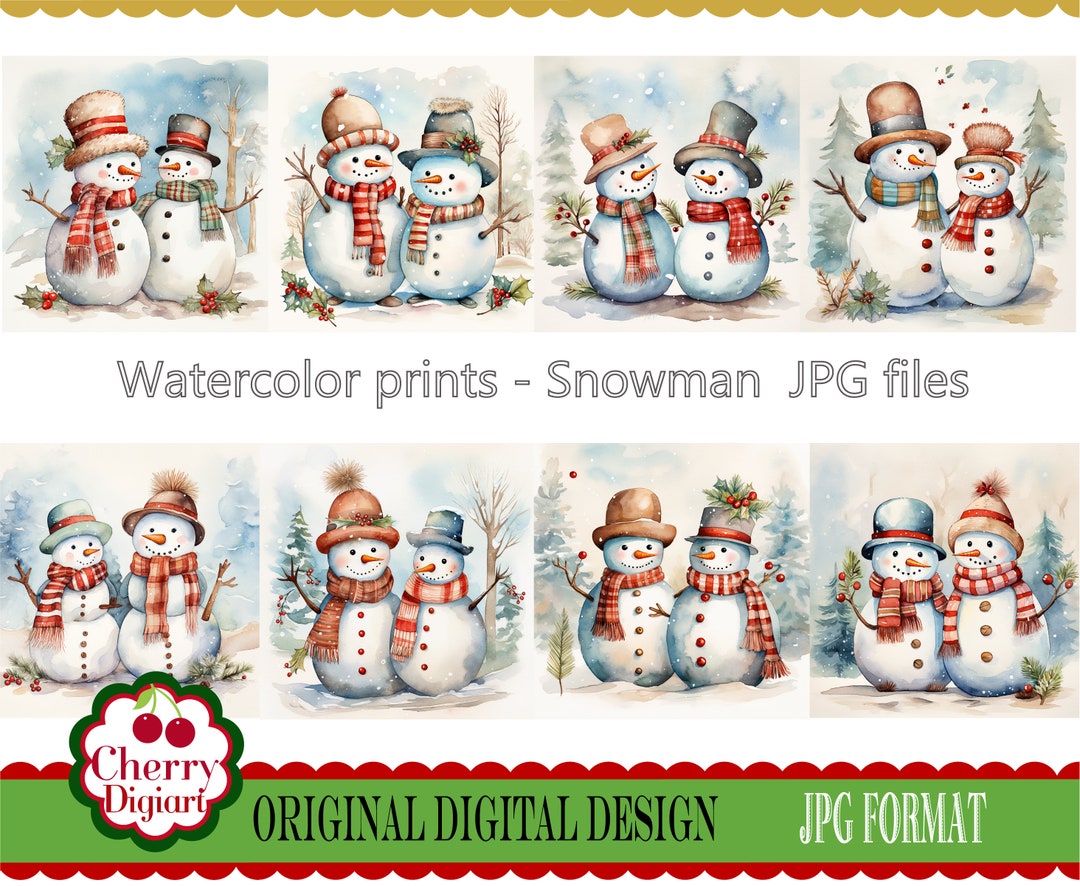 Watercolor Prints Bundle, Christmas Snowman, Snowman Couples Jpg Files ...