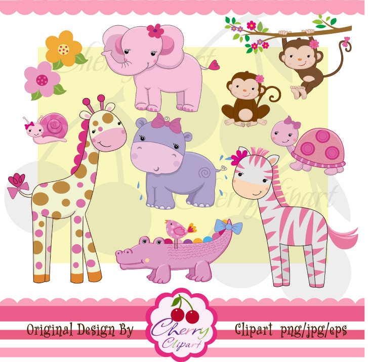 Pretty Pink Girly Jungle Animals Digital Clipart Set for - Etsy