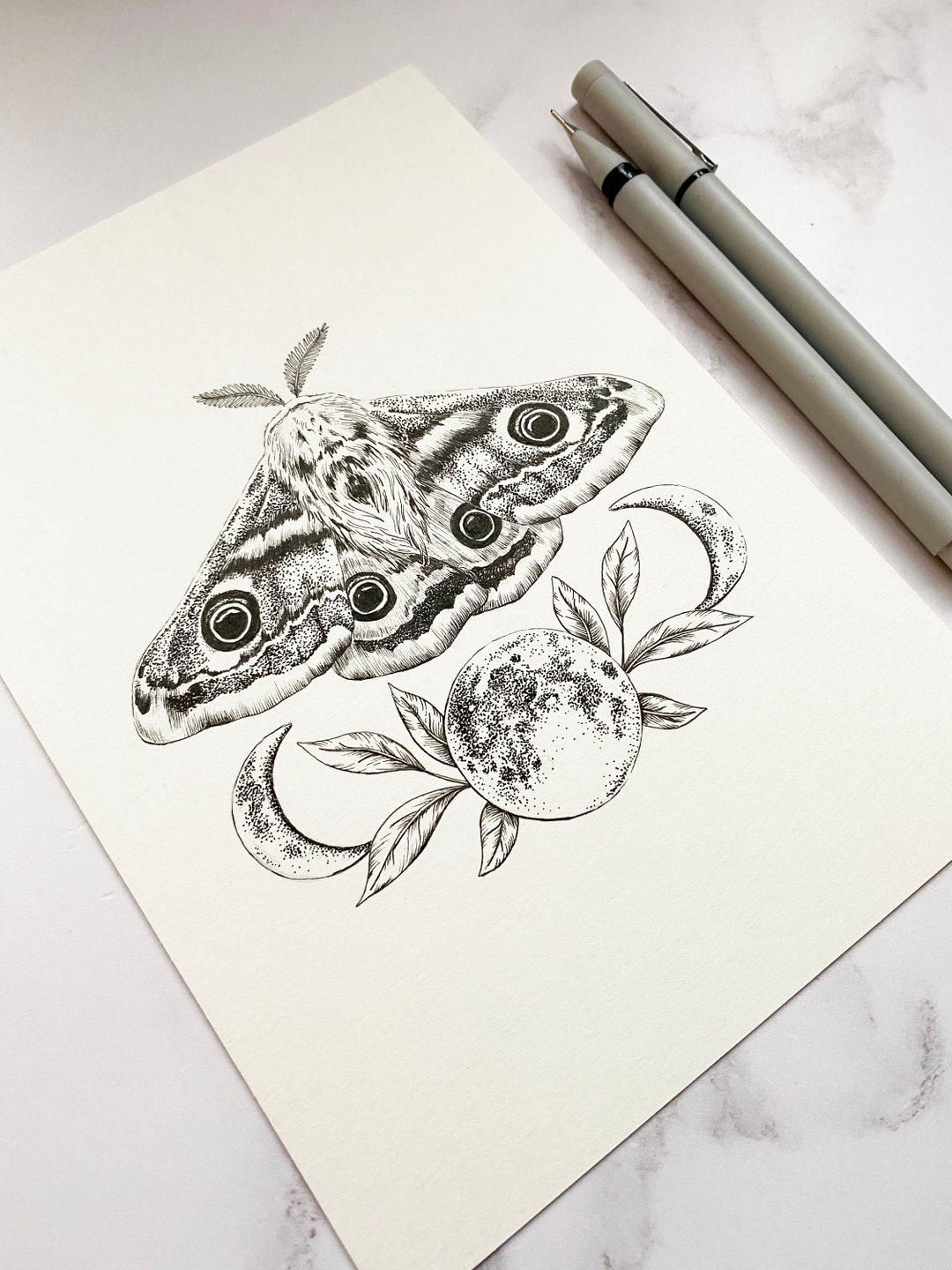 Original Drawing Emperor Moth With Moon and Foliage, Hand Drawn in Pen, A5 Fine Art - Etsy