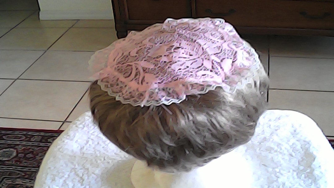 This is a Pink Doily Head Covering - Etsy