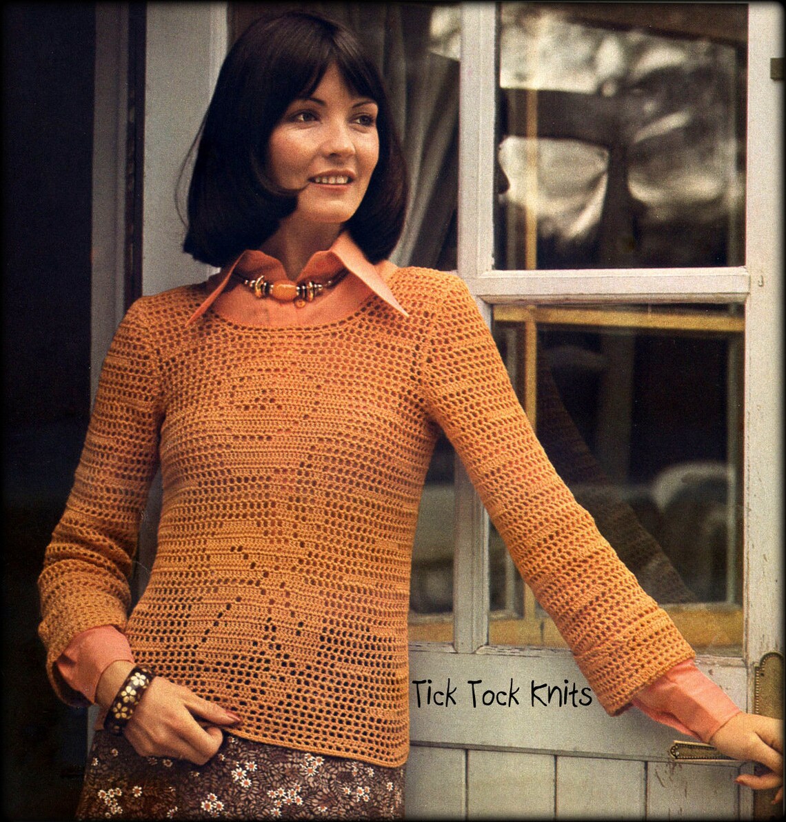 No.1071 A Single Rose Filet Crochet Sweater Pattern PDF - Women's ...