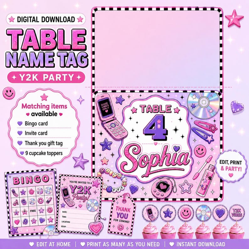 Editable Y2K Table Name Tags | Teen Birthday Party Place Card (digital ...