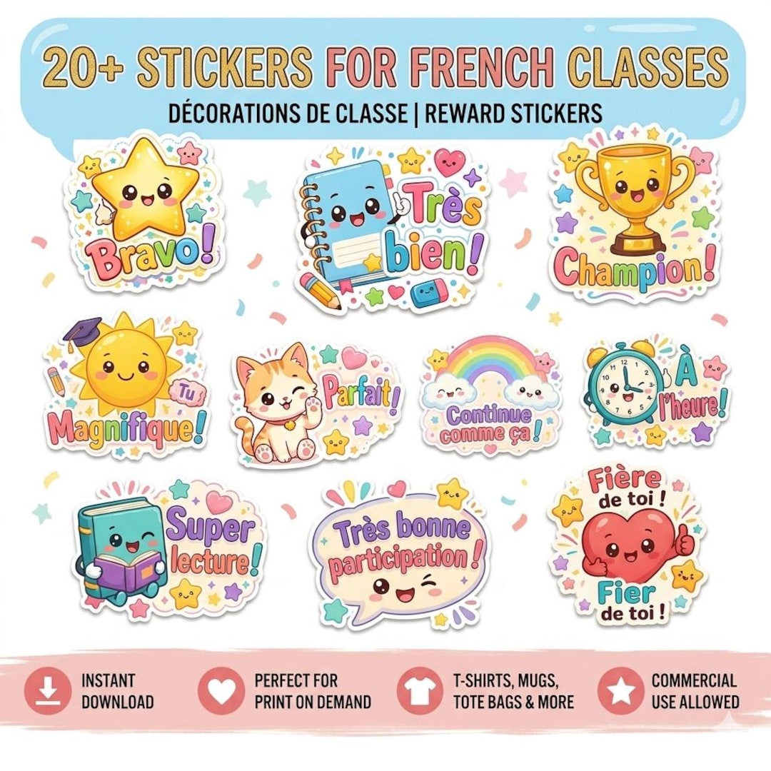 French Reward Stickers, Kawaii Classroom Decor, Teacher Feedback PNG ...