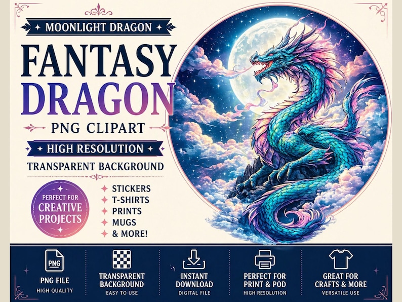 Moonlight Dragon Clipart | Fantasy Celestial Art, Circular Design ...