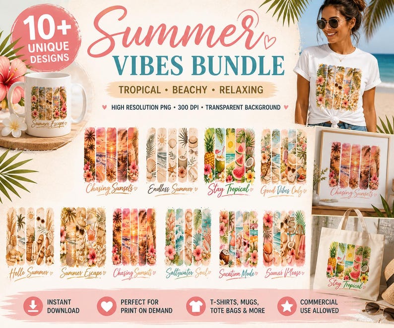 10+ Summer Drip Art Vibes PNG Bundle | Wall Art Tropical Beach Designs ...