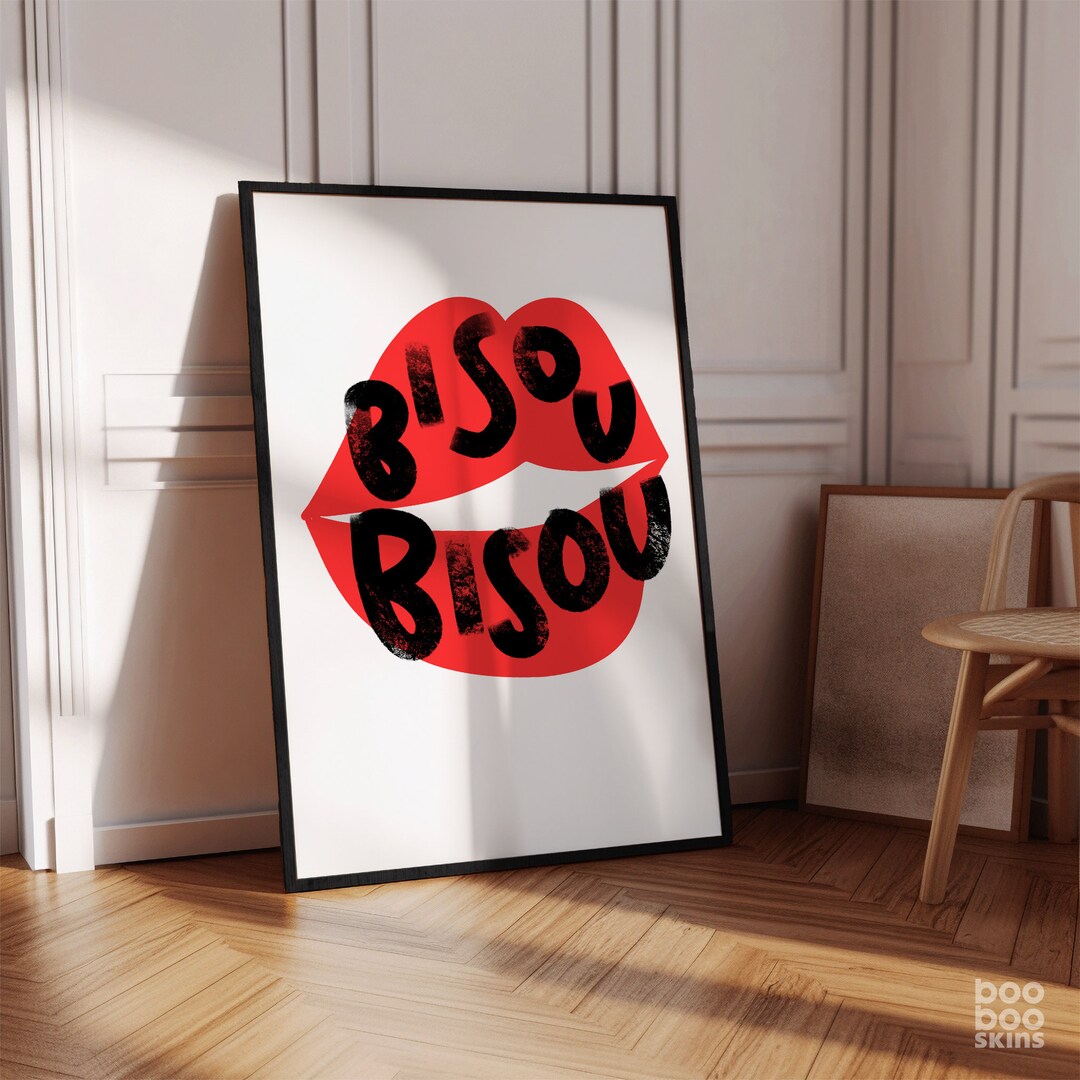Bisou Bisou Print | French Quote Poster | Lips Kiss Wall Art | Pink Red | Trendy Retro | Student ...