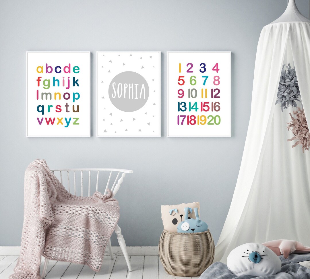 Set of 3 Personalised Nursery Prints Letters Numbers Pictures Nursery ...