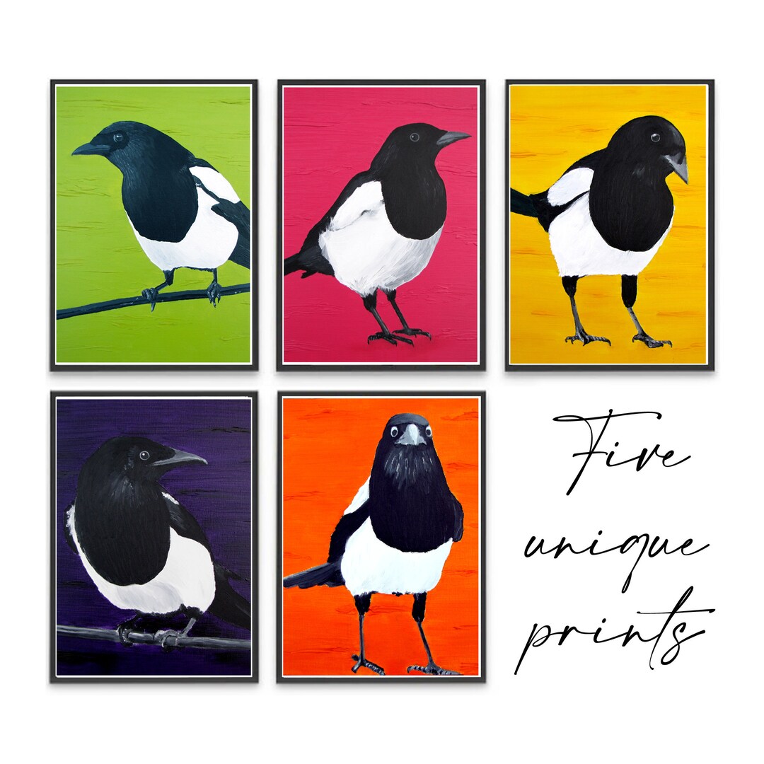 Magpie Prints of Oil Paintings | Bird Art Print | Pink Green Yellow ...