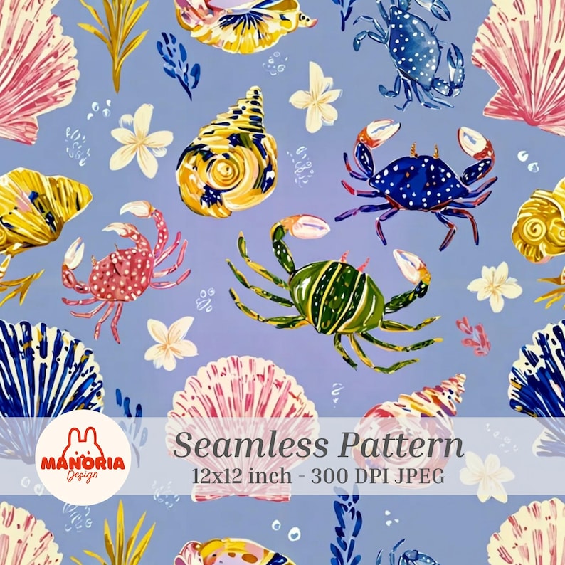 Coastal Crab Seashell Seamless Pattern, Colorful Digital Paper Bridal ...