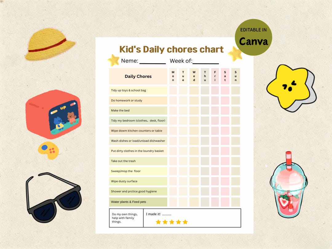 Editable Weekly Chore Charts Kids Teens Tweens Pre-teens Daily and ...