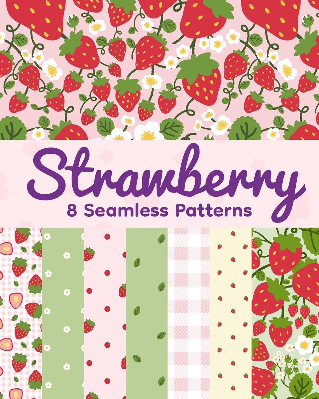 Strawberry Seamless Pattern Bundle, 8 Digital Papers, Kawaii Strawberry ...