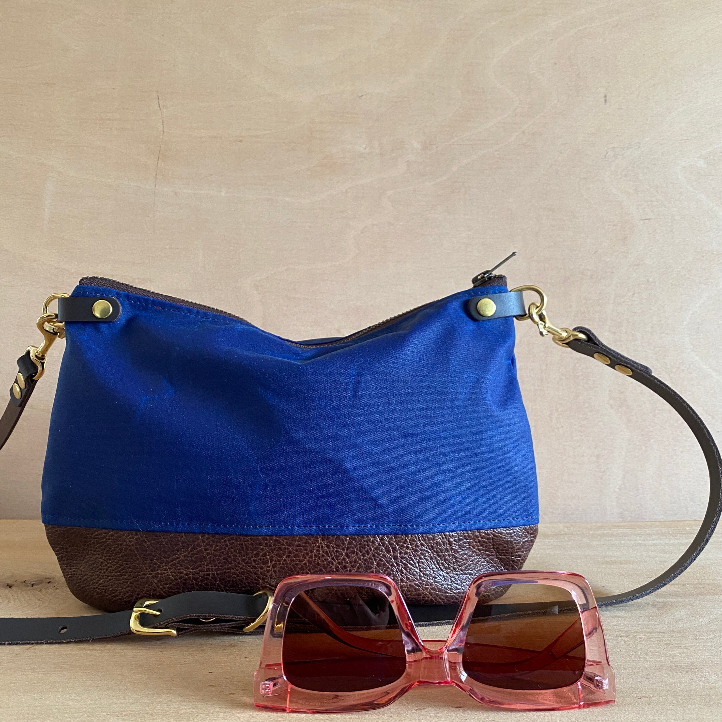 Crossbody Bag - ISLA Handy BAG - Brown Leather and Royal Blue Waxed ...
