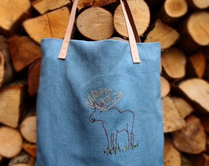 Lonely Moose Hand Embroidered Boho Tote Linen Bag With Leather - Etsy