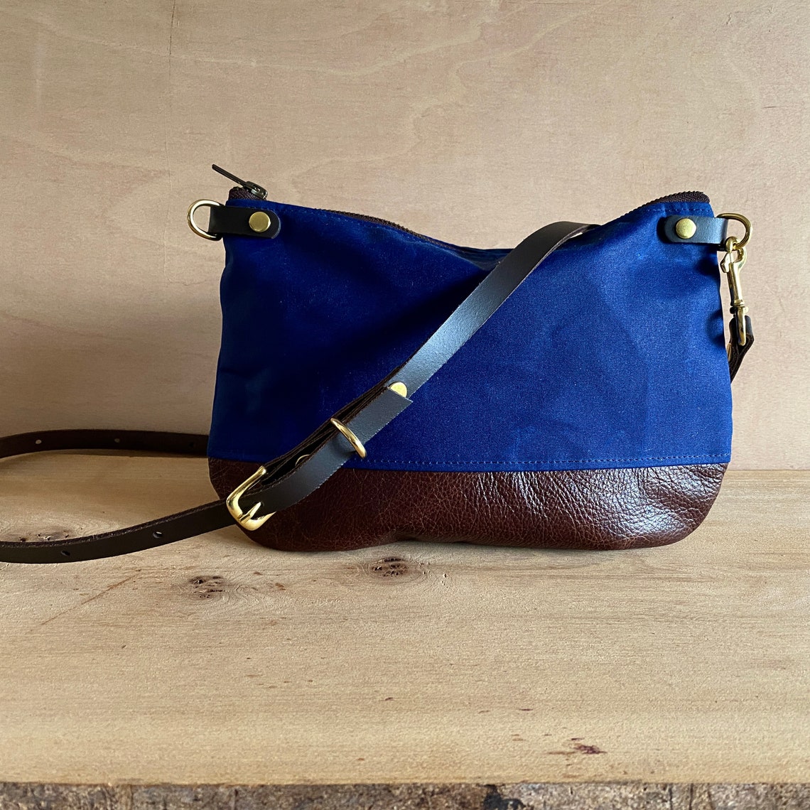 Crossbody Bag - ISLA Handy BAG - Brown Leather and Royal Blue Waxed ...