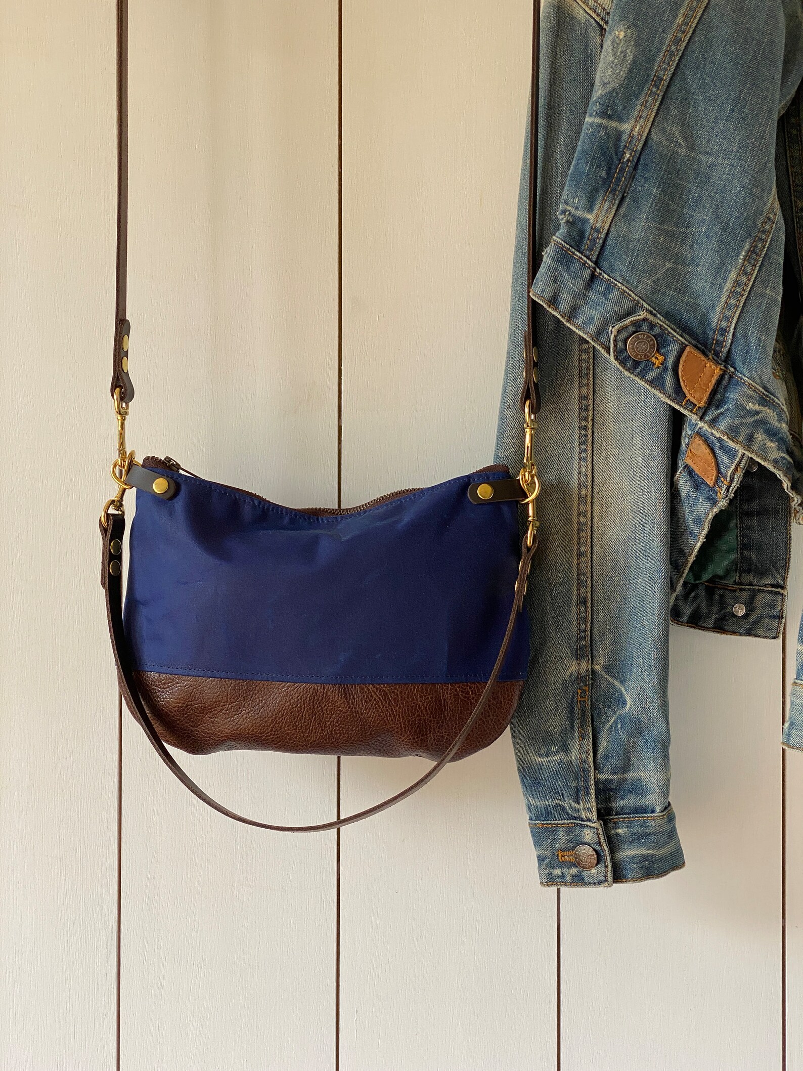 Crossbody Bag - ISLA Handy BAG - Brown Leather and Royal Blue Waxed ...