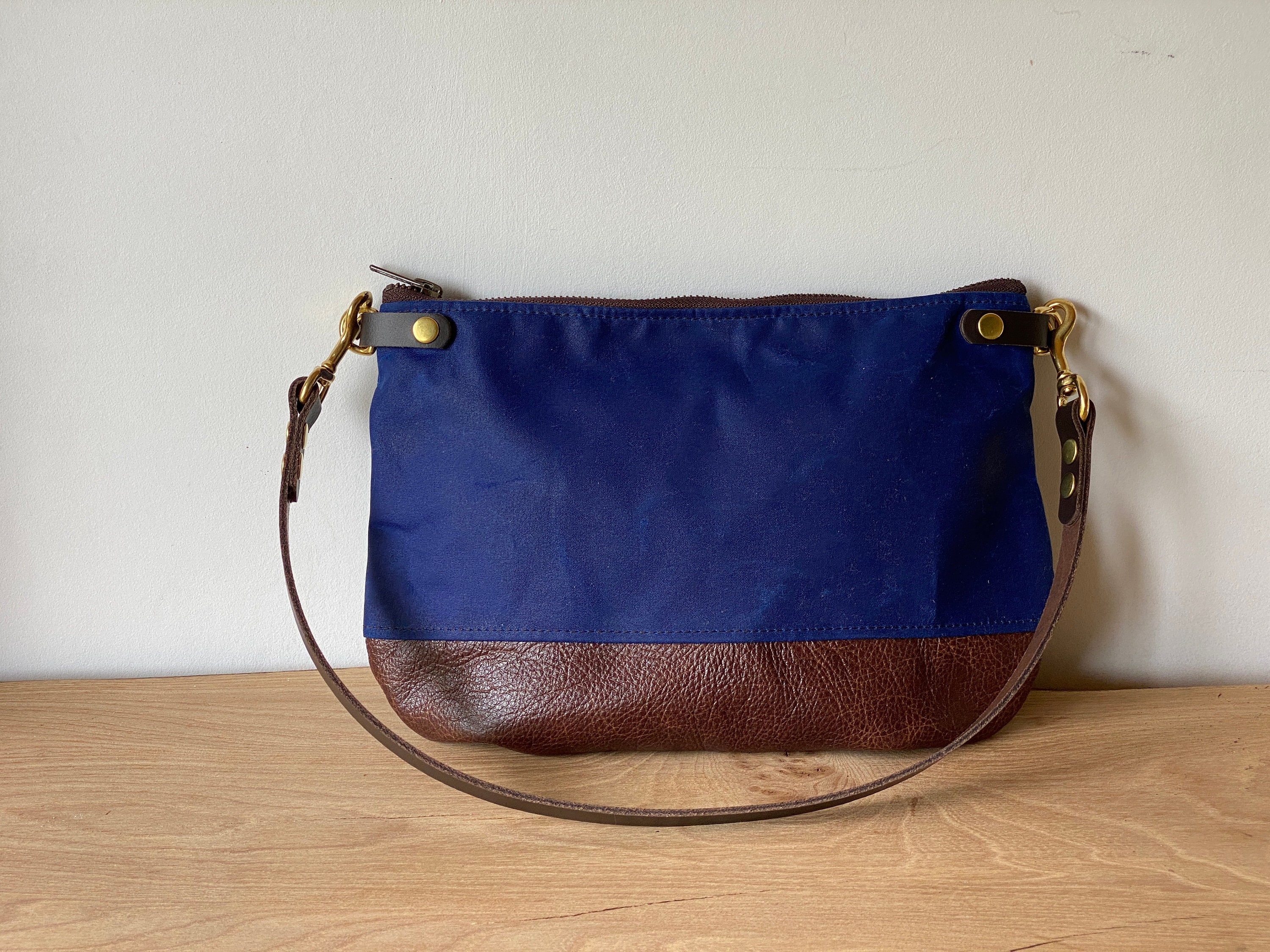 Crossbody Bag - ISLA Handy BAG - Brown Leather and Royal Blue Waxed ...