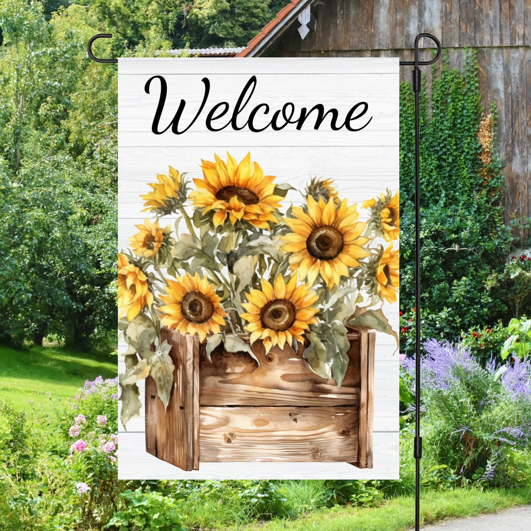 Welcome Sunflower Planter Box Flower Floral 12x18 Garden Flag ...