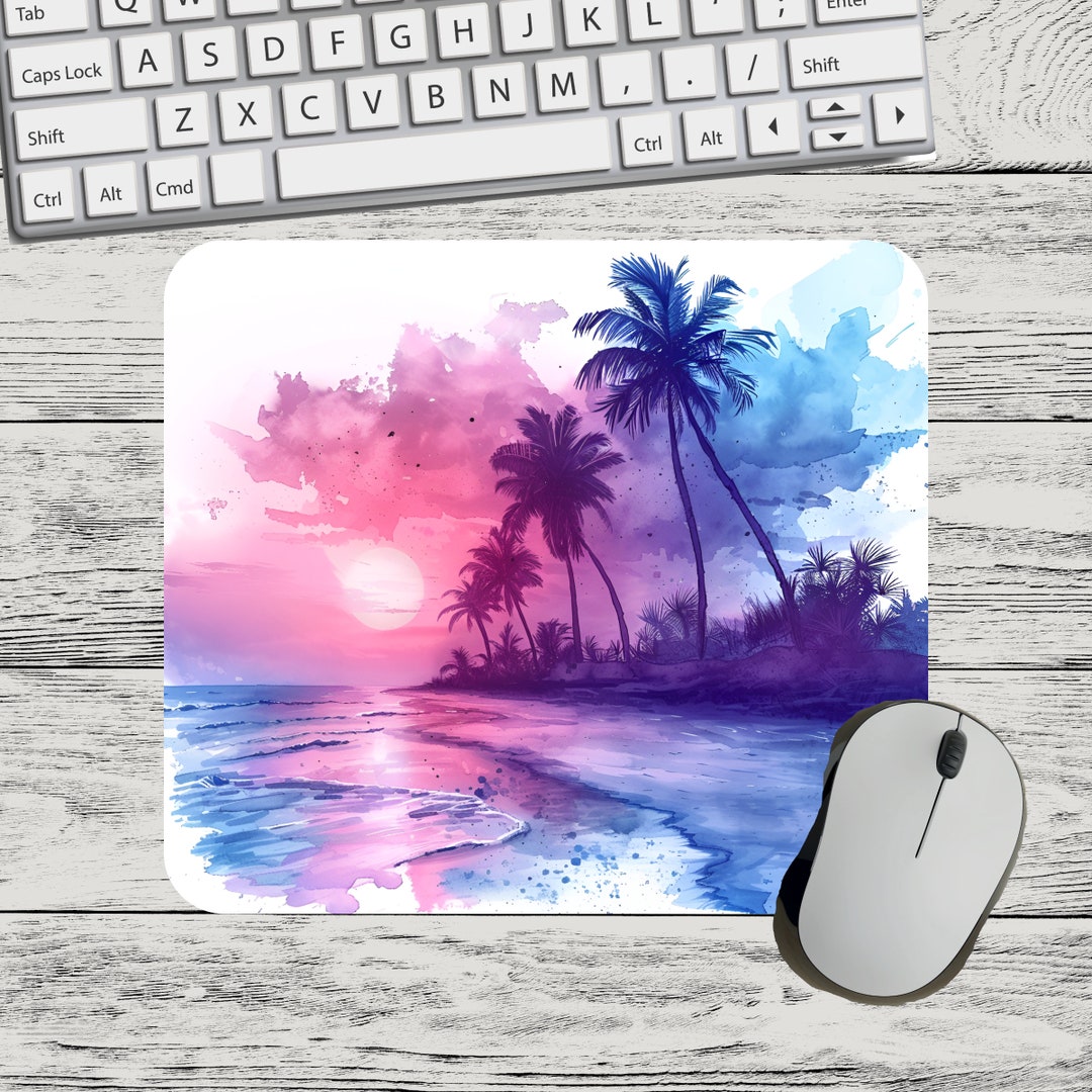 Pink Blue Beach With Palm Trees at Sunset Mouse Pad Sublimation, Square ...