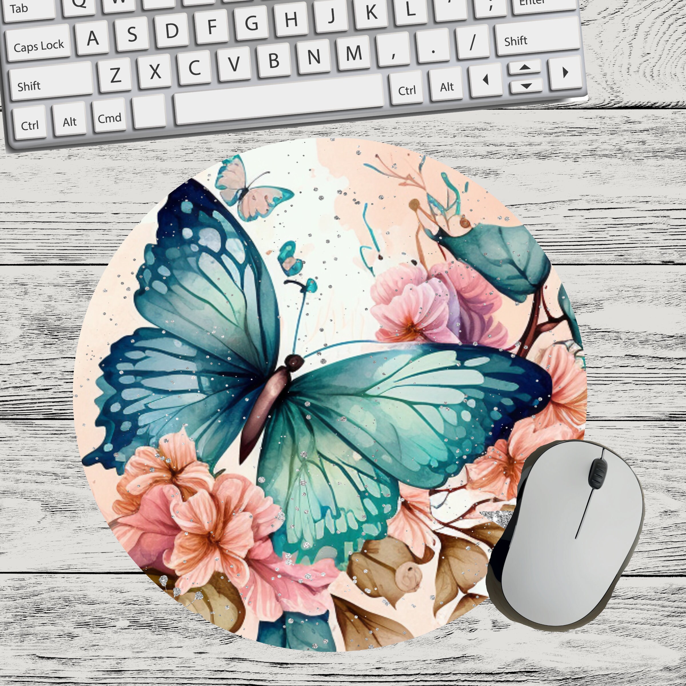 Peach Flower Butterfly Wildflower Blue Floral Mouse Pad - Etsy