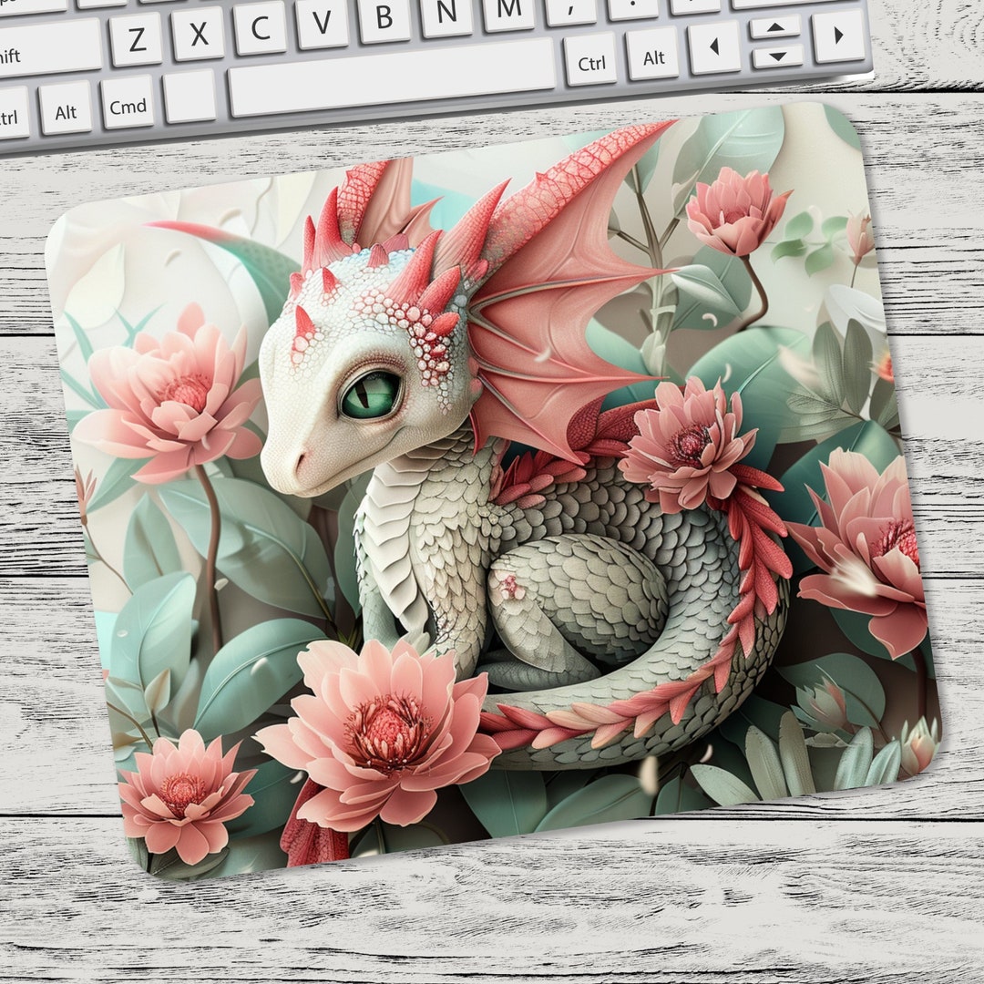 Adorable Pink and White Dragon With Flowers Mouse Pad Sublimation Mouse ...
