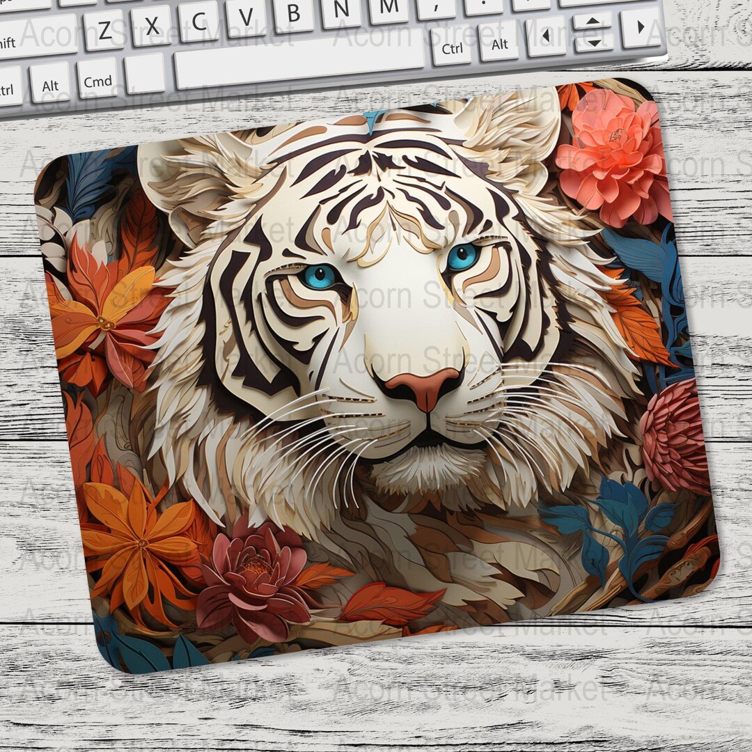 White Tiger Blue Eyes and Flowers Mouse Pad Sublimation Square Round ...