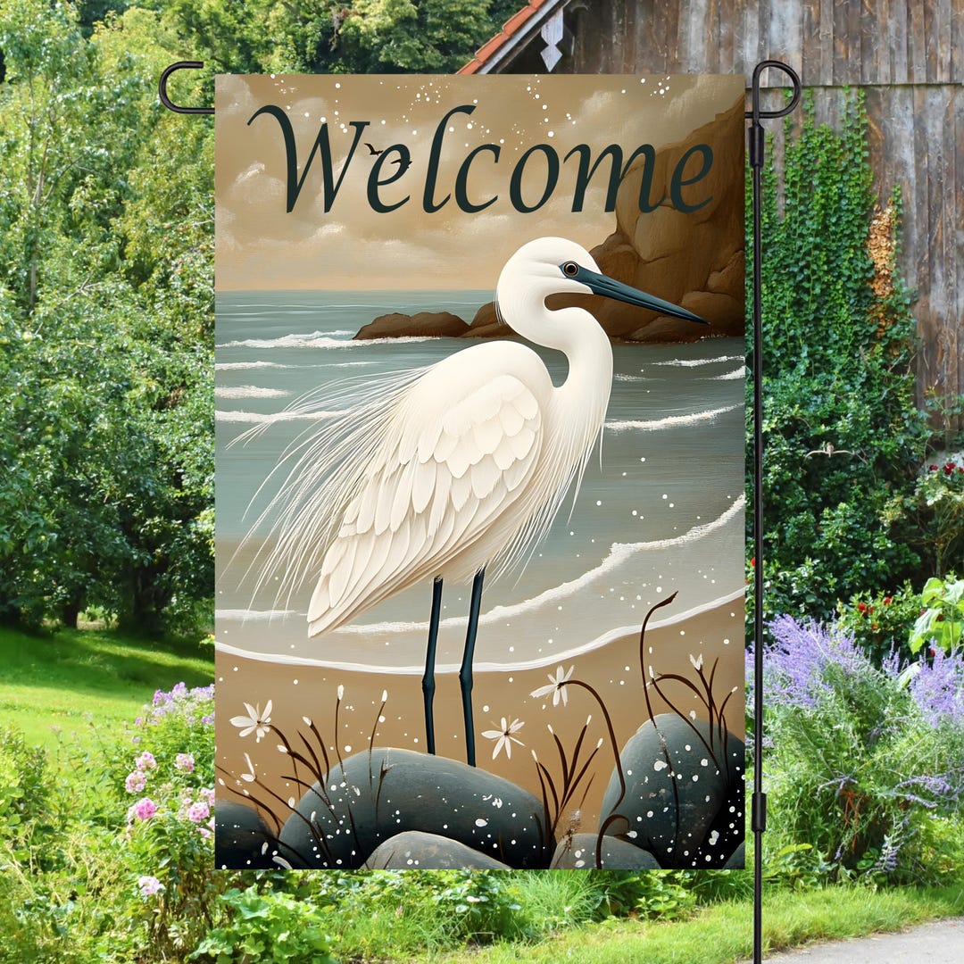 Snowy Egret Bird on Beach Folk Art Welcome 12x18 Garden Flag ...