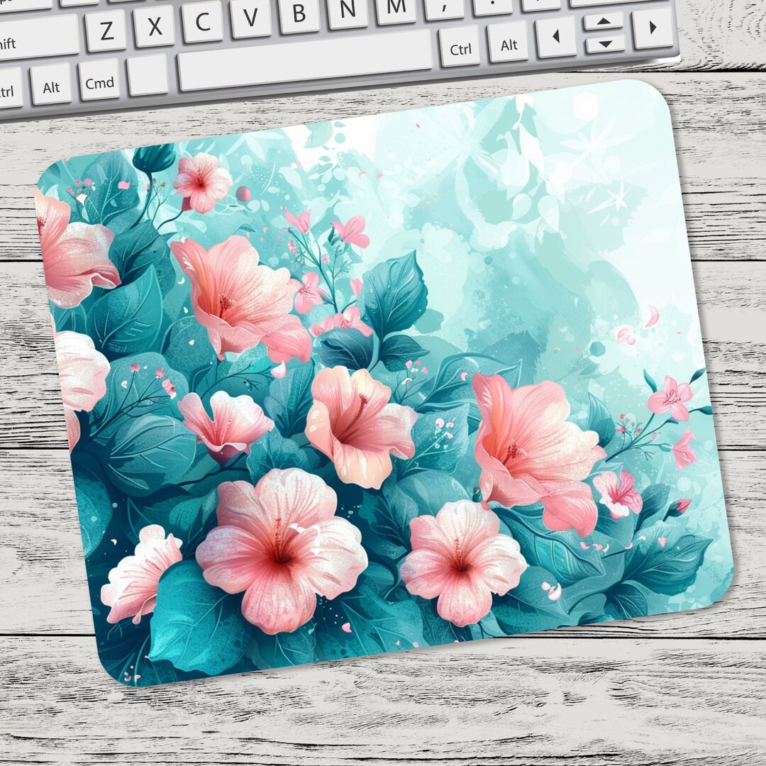 Pink Flowers With Teal Blue Leaves Mouse Pad Sublimation Mouse Pad ...